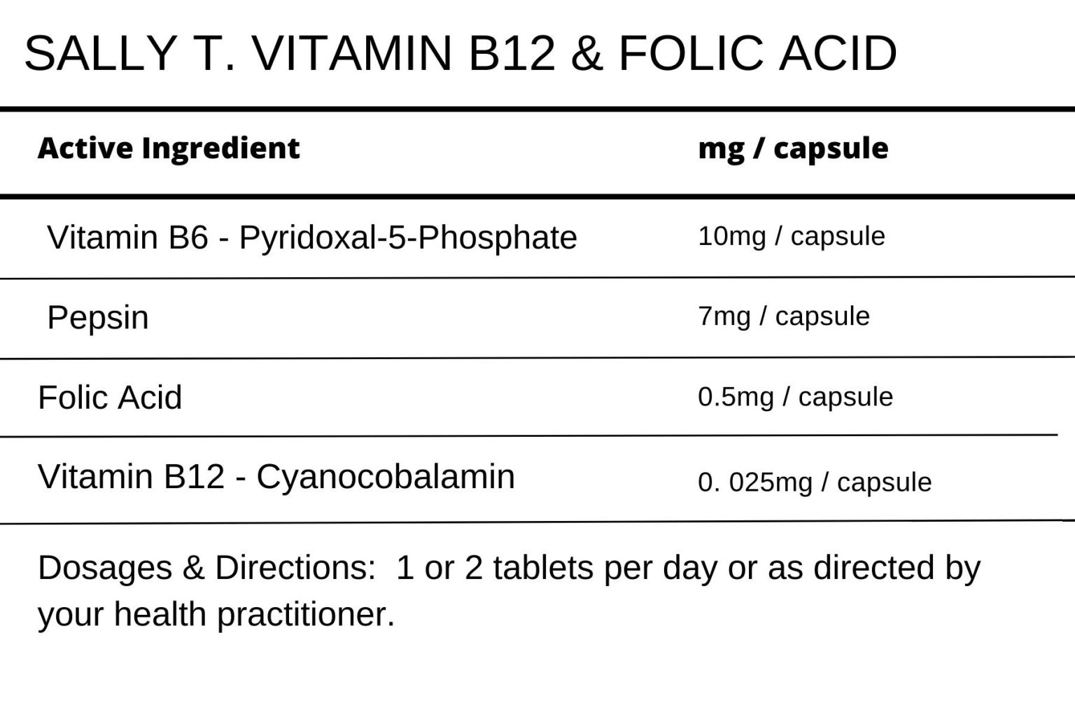 Sally T. Vitamin B12 + Folic Acid; 200 Tablets - Sally T Nutritional ...